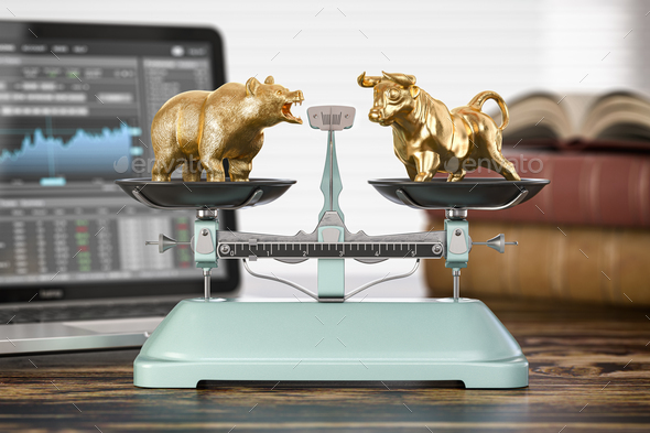Bull and bear on a balance scales. Bearish or bullish market trends on stock exchange. Stock ...